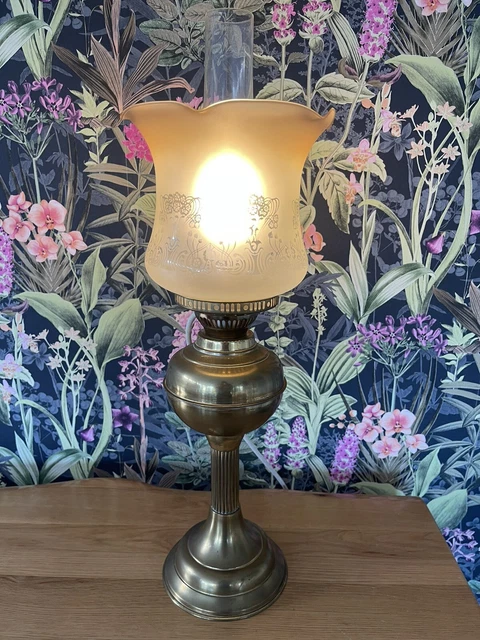 ANTIQUE TALL BRASS Oil Lamp Electric Light Conversion Opaque Shade ...