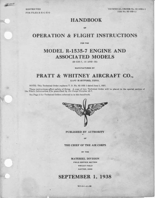 PRATT & WHITNEY R-1535 Twin Wasp Junior engine manuals historic rare ...