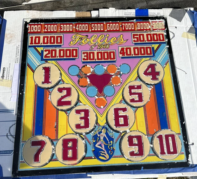 VINTAGE FOLLIE’S 1940’S Pinball Machine Back Glass Display $129.95 ...