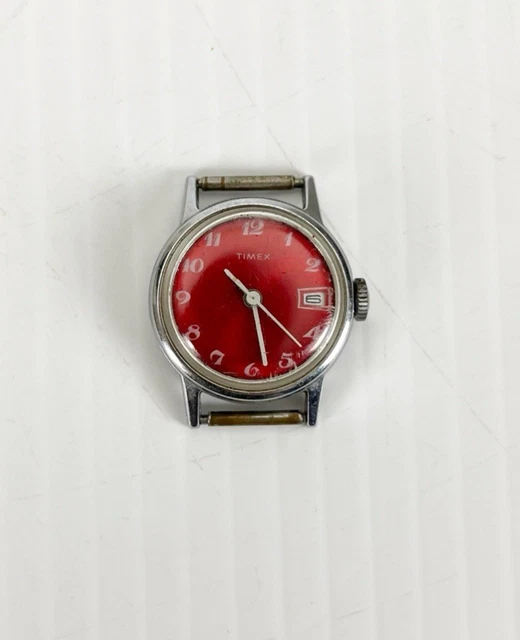 VINTAGE 1970S TIMEX Retro Red Dial Face Silver Tone Wristwatch AS IS ...