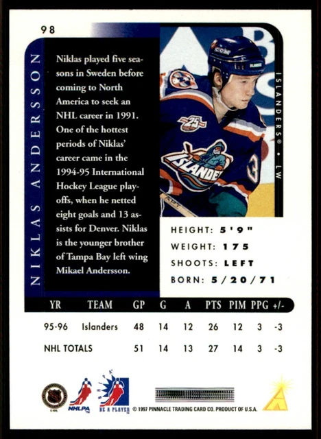1996-97 PINNACLE BE a Player Niklas Andersson Islanders de New York #98 EUR 0,85 - PicClick FR