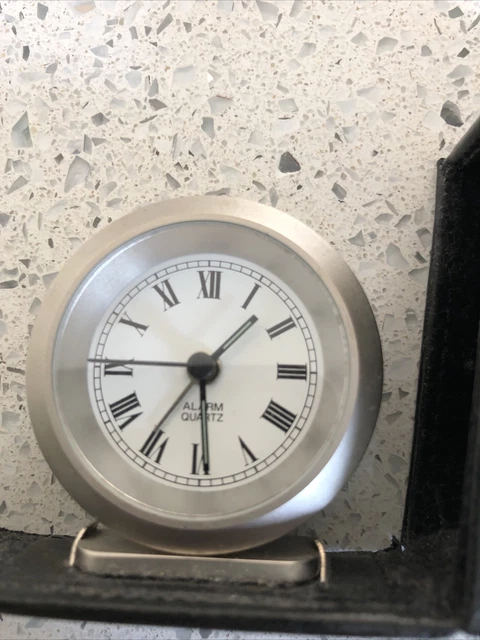 QUARTZ ALARM TRAVEL CLOCK IN BLACK LEATHER CASE. Perfect Working Order ...