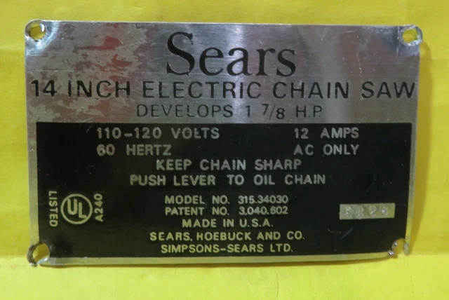 VINTAGE SEARS ELECTRIC CHAIN SAW Model ID Tag £9.24 - PicClick UK