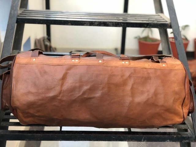 26& MENS GENUINE Leather Vintage Rustic Look Duffel Travel Weekend ...