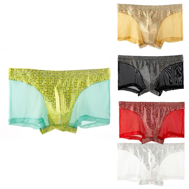 MENS UNDERWEAR METALLIC Shorts See-Through Boxer Brief Bulge Underpants ...