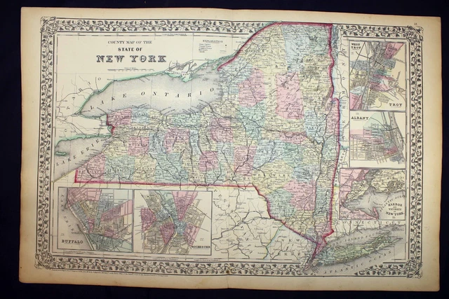 ANTIQUE 1870 COLOR Map New York County Map Buffalo Albany Rochester ...