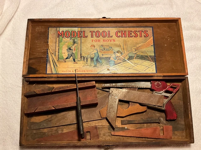 ANTIQUE MASON AND Parker Model Tool Chest For Boys With Some Tools £56. ...