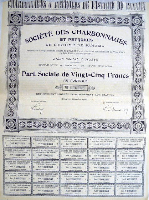 ACTION DE SOCIÉTÉ des Charbonnages et Pétroles de Panama - Part Sociale - 1900 EUR 32,00 ...