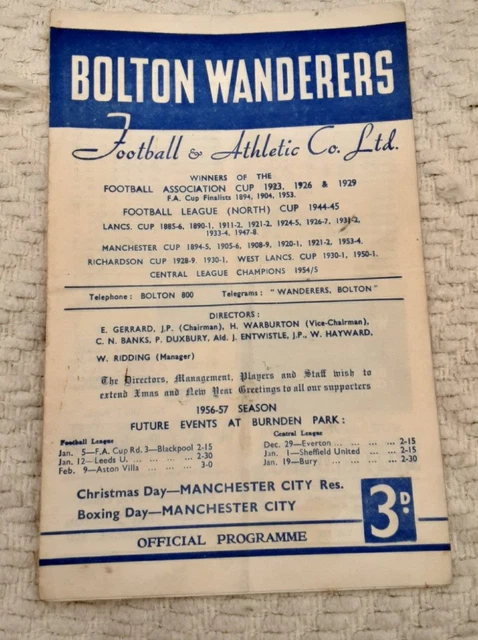 BOLTON WANDERERS FOOTBALL Programme 1956 / 7 Season Manchester City ...