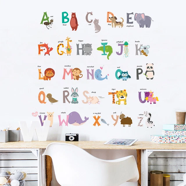 CARTOON JUNGLE WILD 26 letters alphabet animals wall stickers kids wall ...