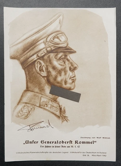 KUNSTKARTE DRUCK PORTRAIT Generaloberst Rommel Zeichnung Sammelbild ...