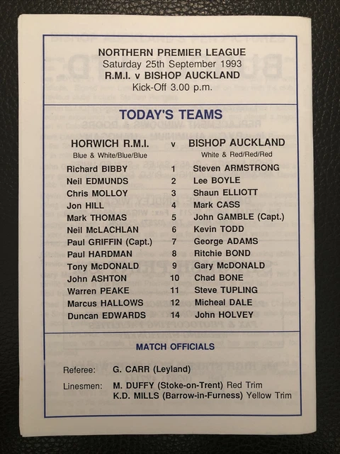 25.9.1993. HORWICH RMI v Bishop Auckland, (NPL). £2.95 - PicClick UK
