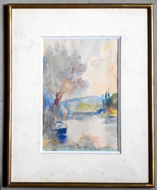 AQUARELLE SIGNÉE A.SEURAT.PAYSAGE Fluvial avec Barques. EUR 49,50 - PicClick FR