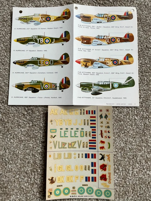 ESCI 1/72-SCALE DECALS #4 Hawker Hurricane Curtiss P-40 Kittyhawk Ww2 ...