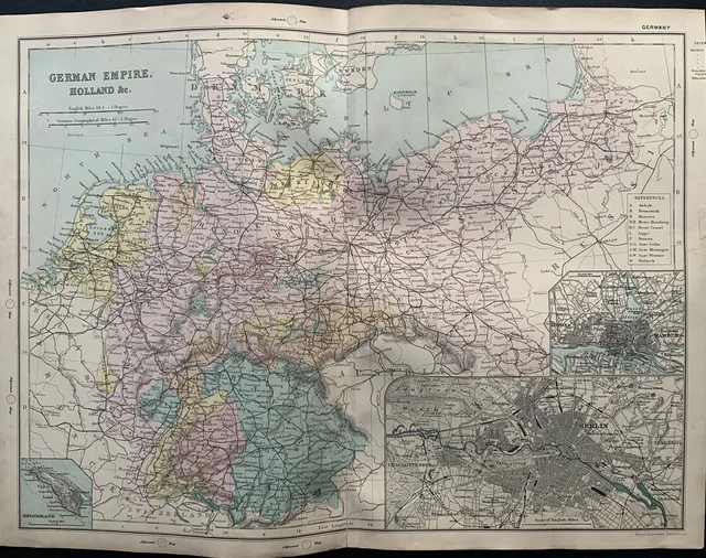 1891 THE GERMAN Empire Original Antique Hand Coloured Map by G.W. Bacon ...