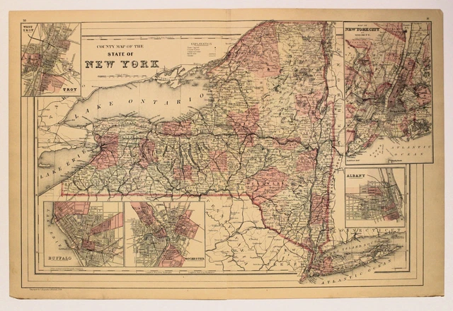 &NEW YORK& COUNTY MAP Antique authentic Mitchell's map 1885 £76.39 ...