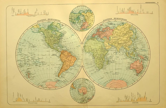 1928 MAPA MUNDO Occidental Y Oriental Hemisferio África Europa América ...