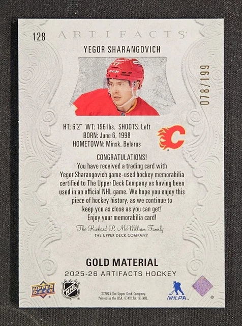2025-26 UPPER DECK Artifacts Gold Material Yegor Sharangovich /199 $0. ...