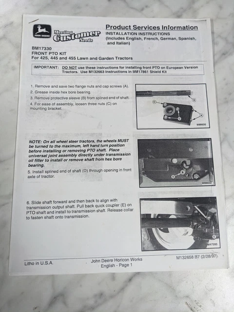 JOHN DEERE INSTALLATION Instruction Manual Front Pto Kit Bm17330 ...