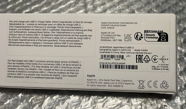 APPLE PENCIL (USB-C) MUWA3ZM/A Model A3085 Used Once Boxed Genuine ...