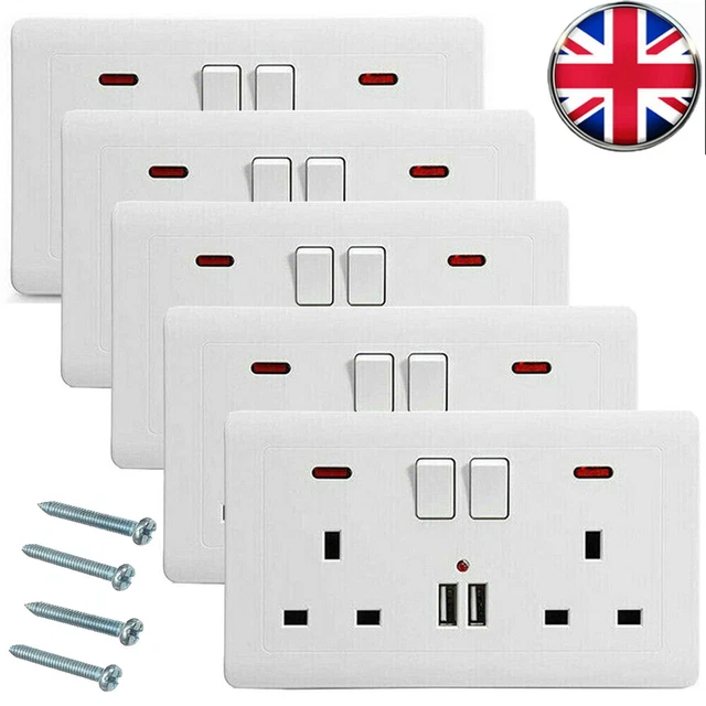 DOUBLE WALL PLUG Socket 2 Gang 13A w/ 2 Charger USB Ports Outlets Flat ...