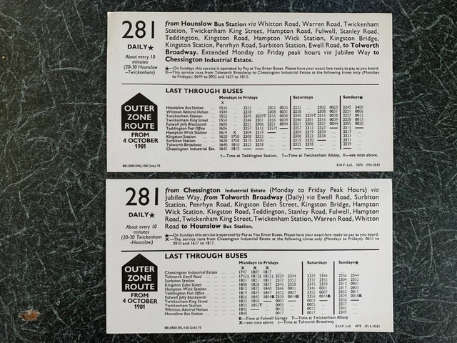 LONDON TRANSPORT LAST Buses 'Yellow' Slips Route 281 4th October 1981 £ ...