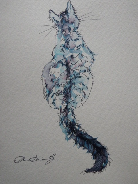 ORIGINAL HAND DRAWN pen & ink drawing of a cat back view on watercolour ...