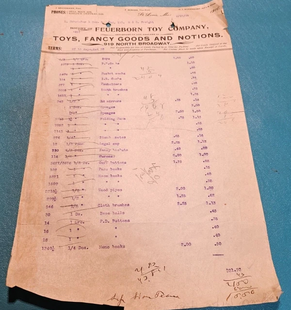 FEUERBORN TOY COMPANY Billhead LETTERHEAD FANCY GOOD ST LOUIS SCHRIEBER ...