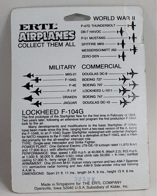VINTAGE ERTL MILITARY Airplanes #1489 Lockheed F-104G plane diecast ...
