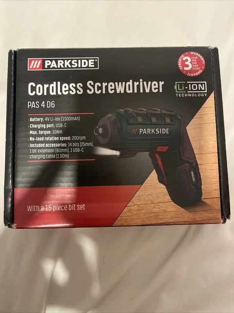 PARKSIDE 4V CORDLESS Screwdriver With 15 Bits Set & USB-C Charging ...