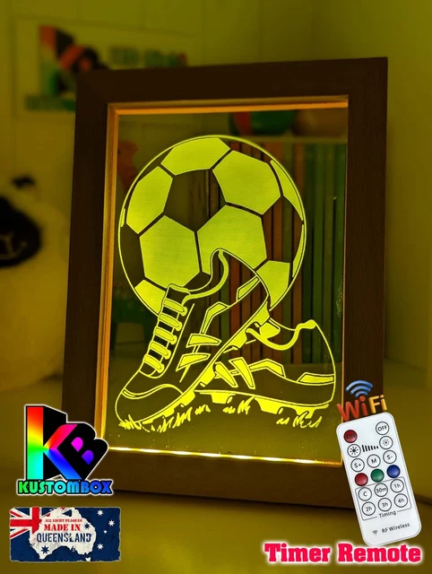 SOCCER BALL PERSONALISED Name Timber Wood Frame Led Night Light Usb ...