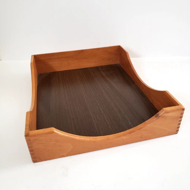 VINTAGE LETTER FILE Walnut Wood Tray Desk Organizer In Out Box Dovetail ...