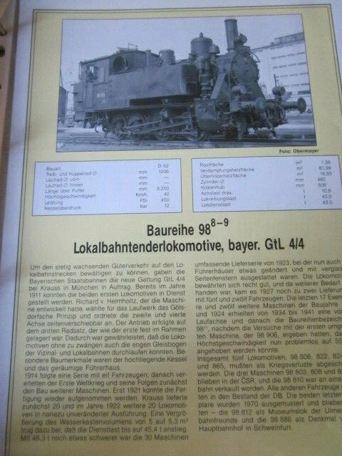 DAMPFLOK TYPENBLATT RISSZEICHNUNG 1:87 BR 98.8-9 bayer GtL 4/4 DRG DB ...