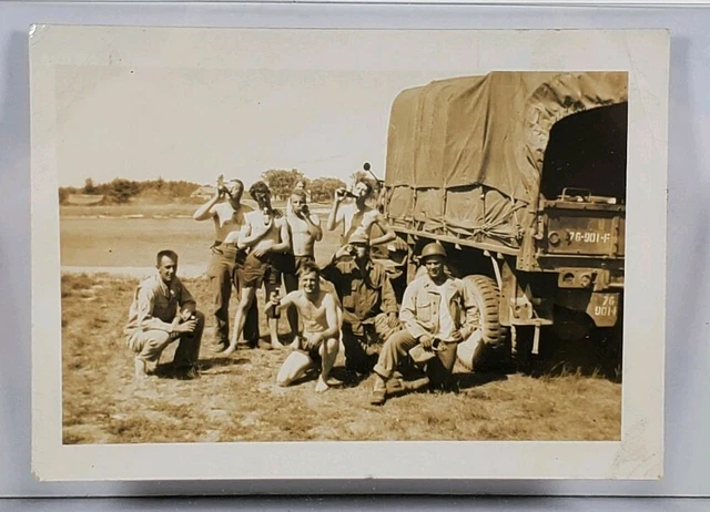 Wwii Soldiers Handsome Shirtless Posing With Truck Snapshot Photograph