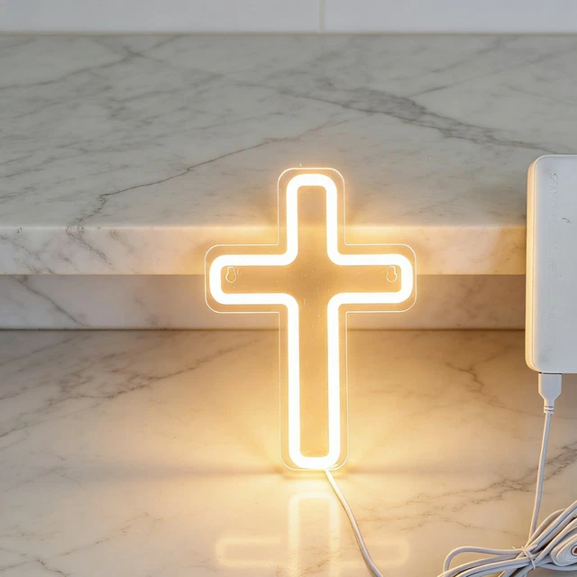 CROSS NEON SIGN: 11.4x7.9in LED Wall Decor Warm White Lighting for ...