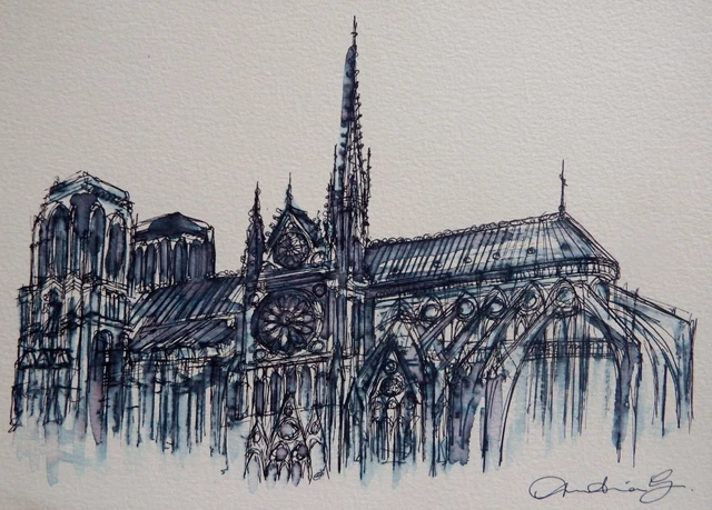 ORIGINAL PEN & Ink Drawing of Notre-Dame Cathedral Paris on Watercolour ...