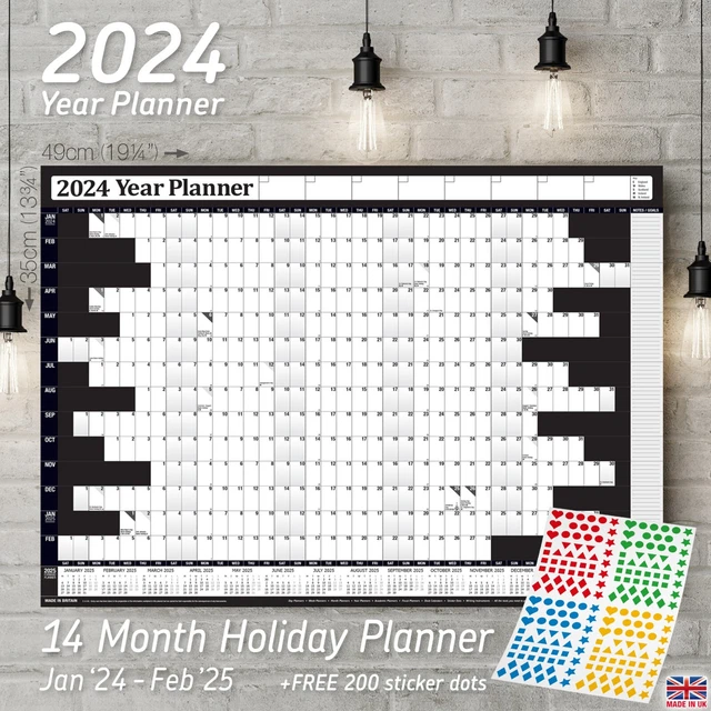 2024 YEARLY PLANNER Annual Calender Wall Chart BLACK + FREE 200 Sticker ...