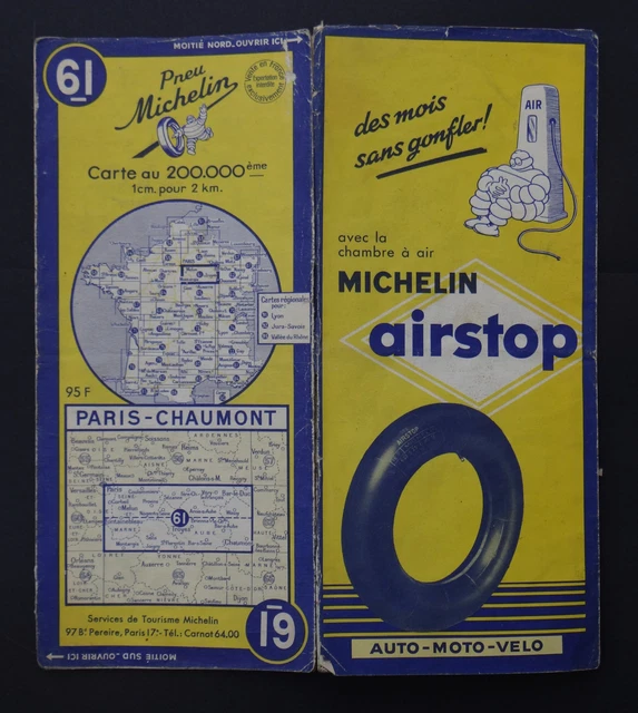 CARTE MICHELIN N°61 old map PARIS CHAUMONT 1953 Bibendum pneu tyre EUR ...