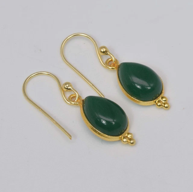 925 Solid Sterling Silver 24ct Gold Overlay Green Onyx Hook Earring 1 1