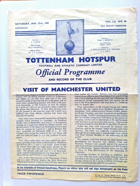 TOTTENHAM HOTSPUR V Manchester United Season 1959-60 Football Programme ...