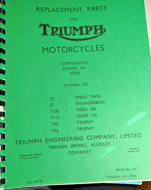 TRIUMPH PARTS BOOK -Issue 12, July 1956 SpeedTwin, TBird, Tiger ...