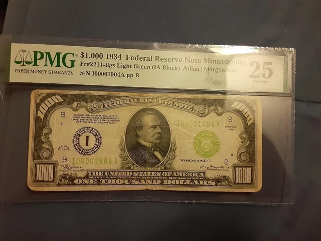 RARE PMG VF 25 Minneapolis MN 1934 $1000 Thousand Dollar Bill .LIGHT ...
