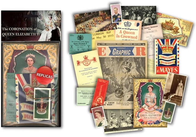 CORONATION OF QUEEN Elizabeth II memorabilia pack with replica ephemera ...