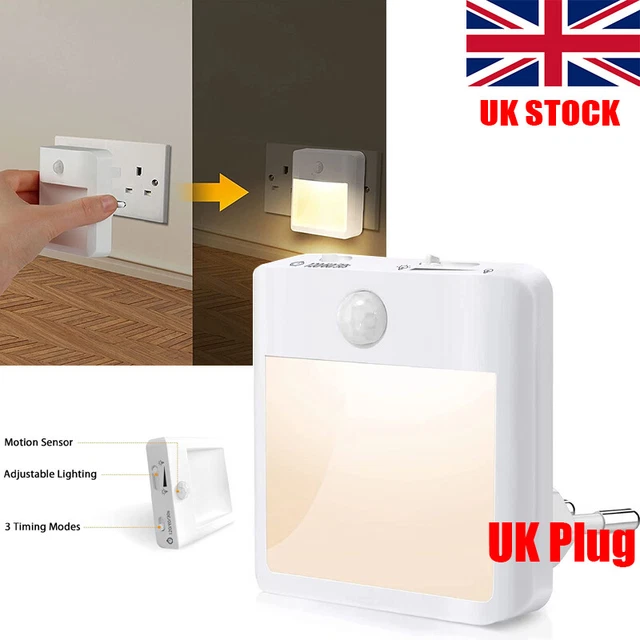 PLUG IN PIR Motion Sensor Hallway Socket LED Home White/Yellow Night ...