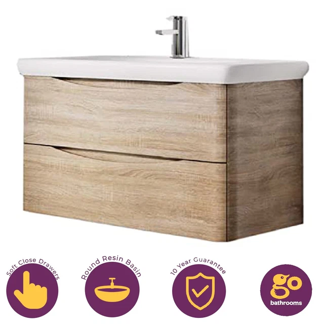 LIGHT WOOD VANITY Unit Wall Hung & White Sink Two Drawer Eaton 600mm ...