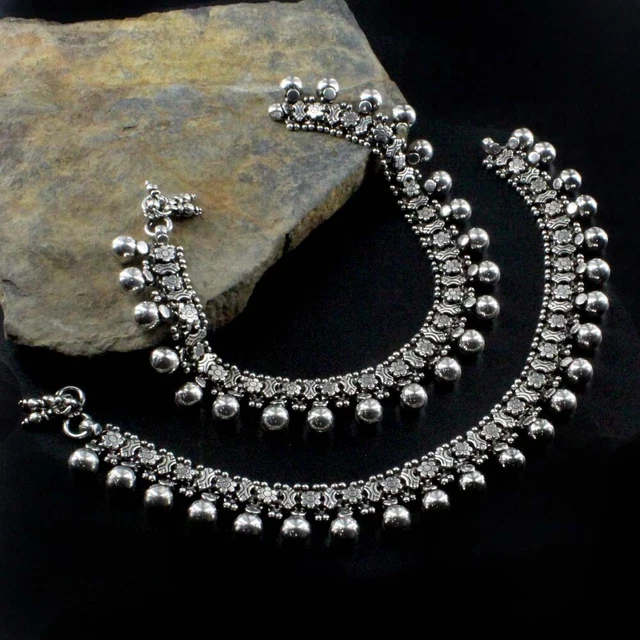 BOHO STYLE REAL Silver Oxidized Women Anklets Ankle Pair 10.5" £251.68 ...