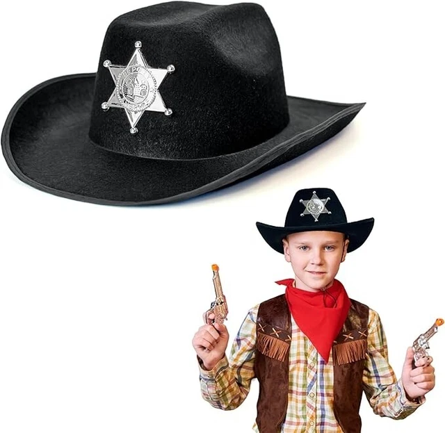 1 X CHILD Black Cowboy Sheriff Hat Wild Western Fancy Dress Party ...