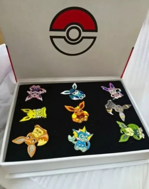 POKEMON 9 PIN Badge Set Collection Enamel Eevee Evolutions + Gift Box ...