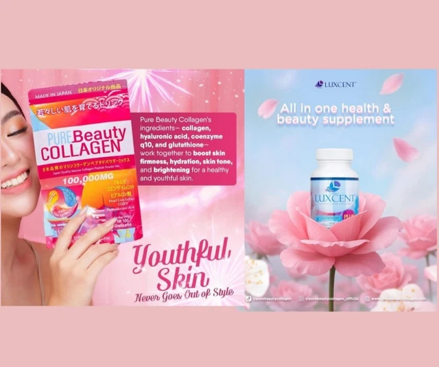 1 PURE BEAUTY Collagen Powder & 1 Luxcent Luminous Caps L- Glutathione ...