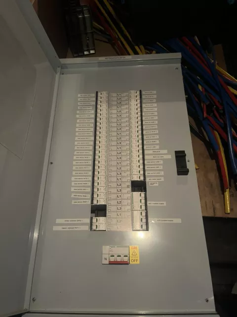SCHNEIDER 56 WAY 3 Phase Distribution Board With Numerous MCBS USED IKQ ... SCHNEIDER 56 WAY 3 Phase Distribution Board With Numerous MCBS USED IKQ ...